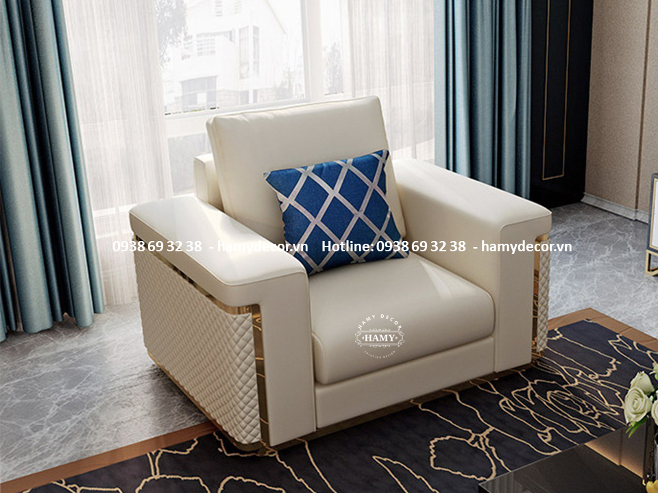 Ghế Armchair Bọc Da Khung Viền Inox Mạ Vàng 30